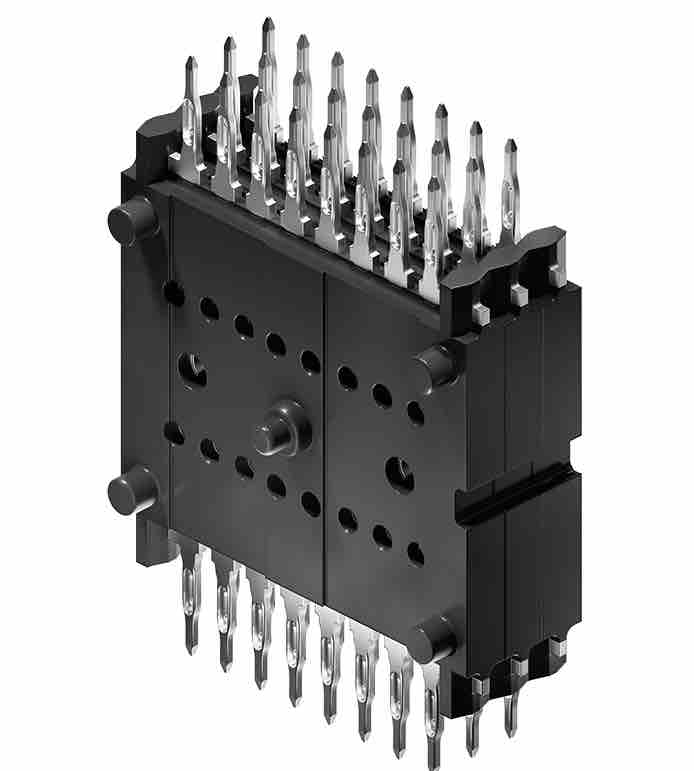 Stackable multi-row board-to-board connector platform snaps together ...